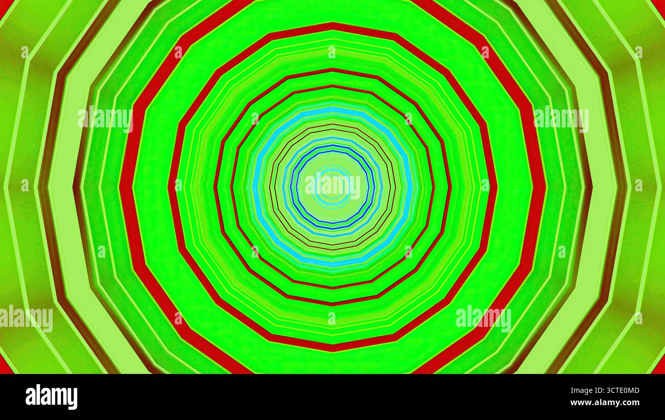 A vibrant, circular design features concentric rings in green, red, and ...