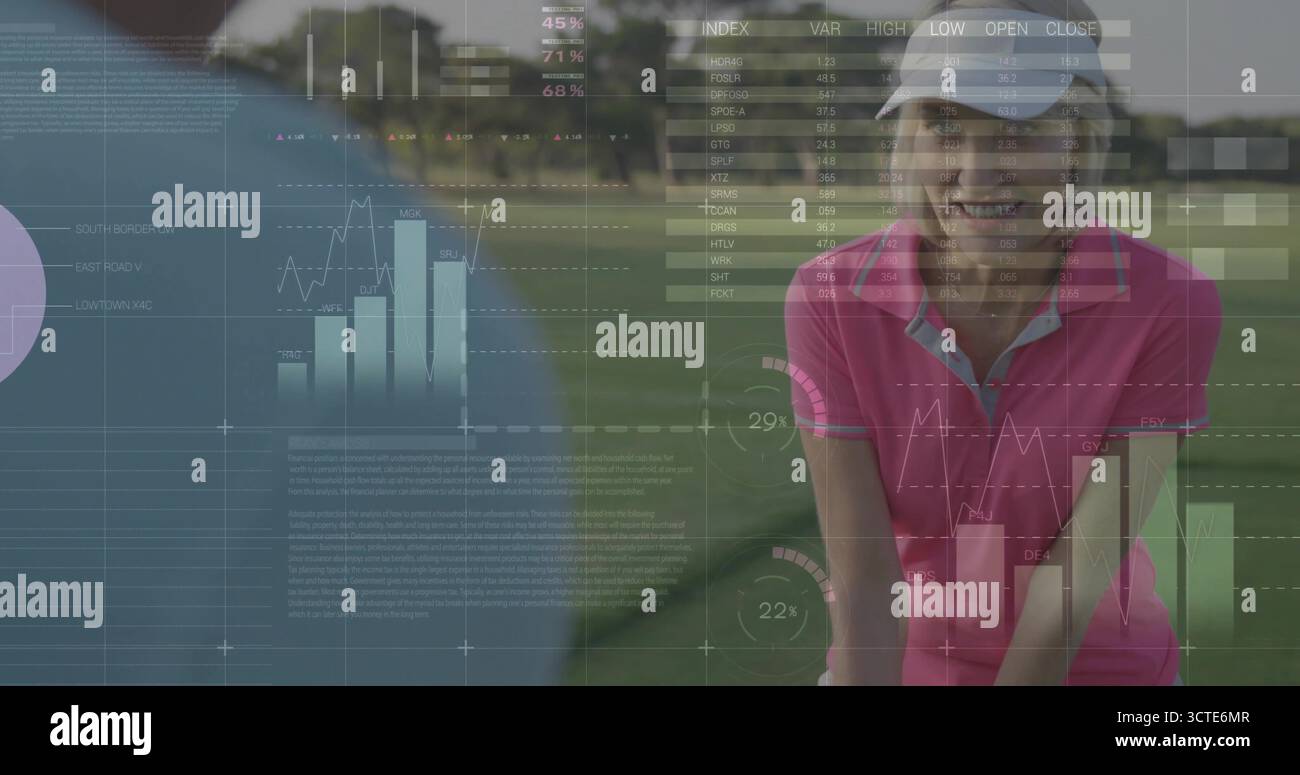 Leaning golfer in pink polo and cap adjusting golf club on fairway ...