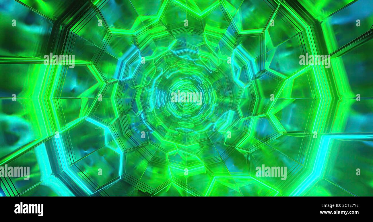 A vibrant tunnel composed of hexagonal shapes radiates bright green and ...