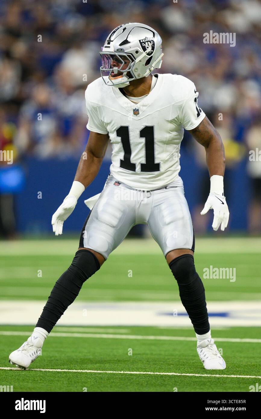 Las Vegas Raiders safety Jeremy Chinn (11) runs across the field during an NFL football game ...