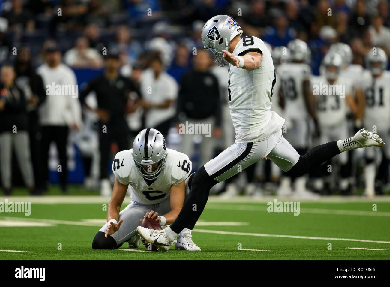 Las Vegas Raiders kicker Daniel Carlson (8) kicks the ball during an ...