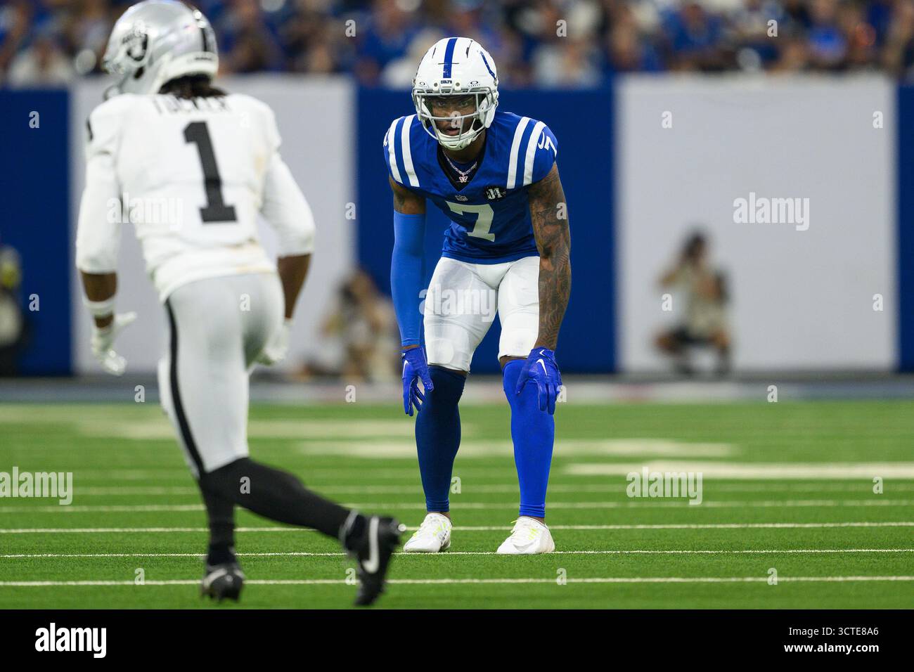 Indianapolis Colts cornerback Charvarius Ward (7) lines up on defense ...