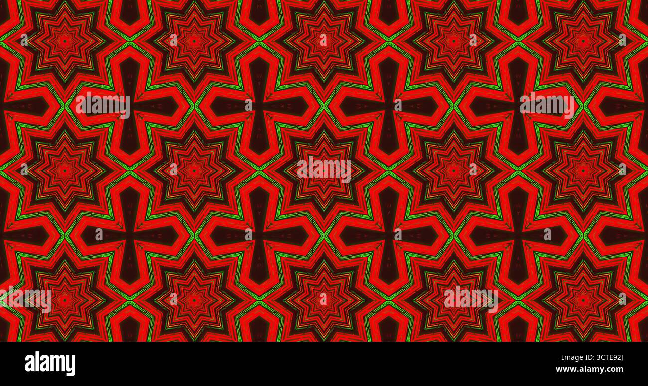 A lively pattern showcases intricate red and green designs with stars ...
