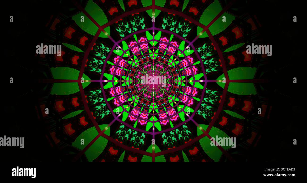 A vibrant geometric pattern displays intricate shapes in red, green ...