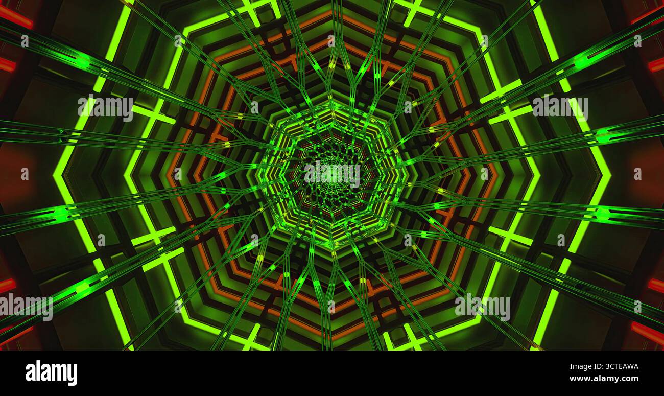 A vibrant geometric pattern features green and orange hues, forming a ...