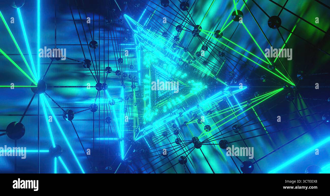 A mesmerizing triangular formation radiates neon green and blue lights ...