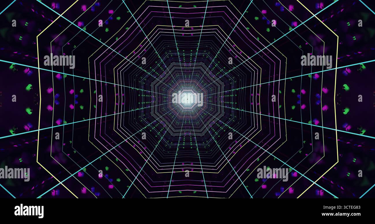 A mesmerizing web of lines and colors forms a tunnel effect, creating a ...