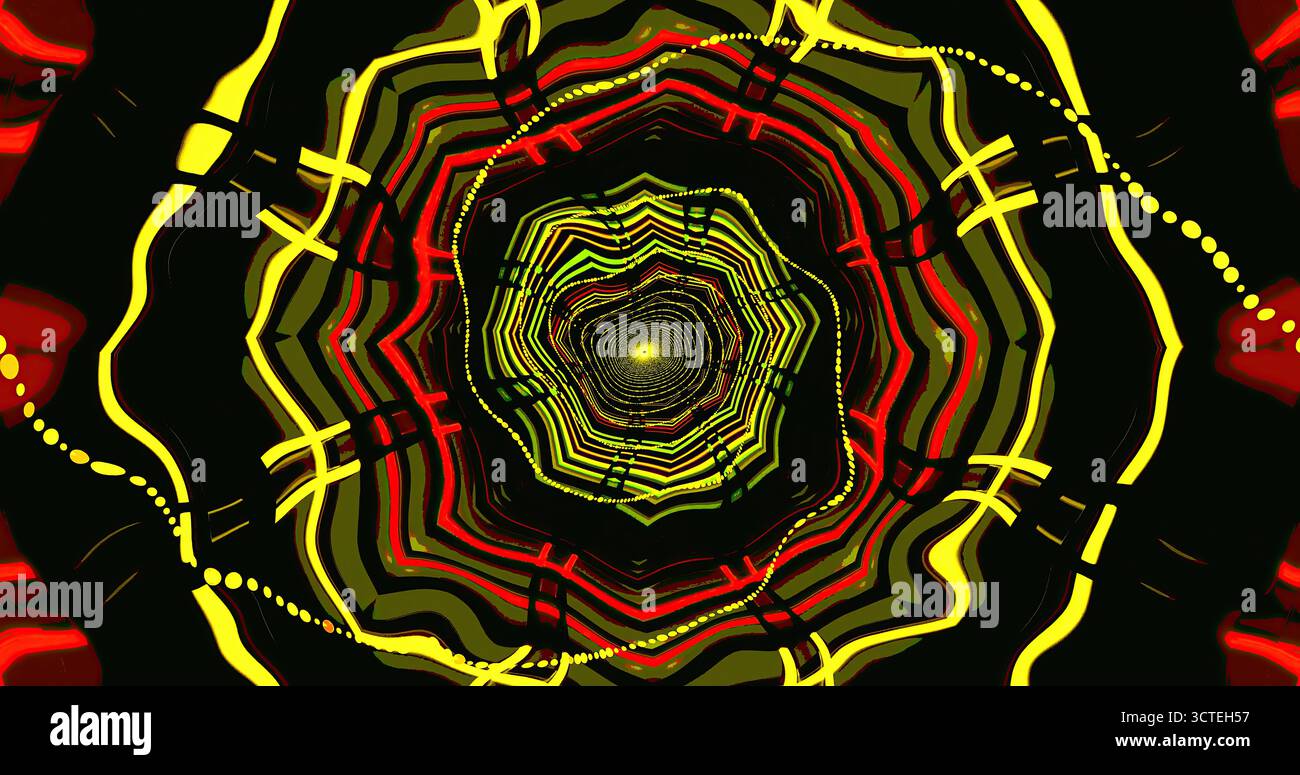 Swirling lines in red, yellow, and black form an intricate spiral ...