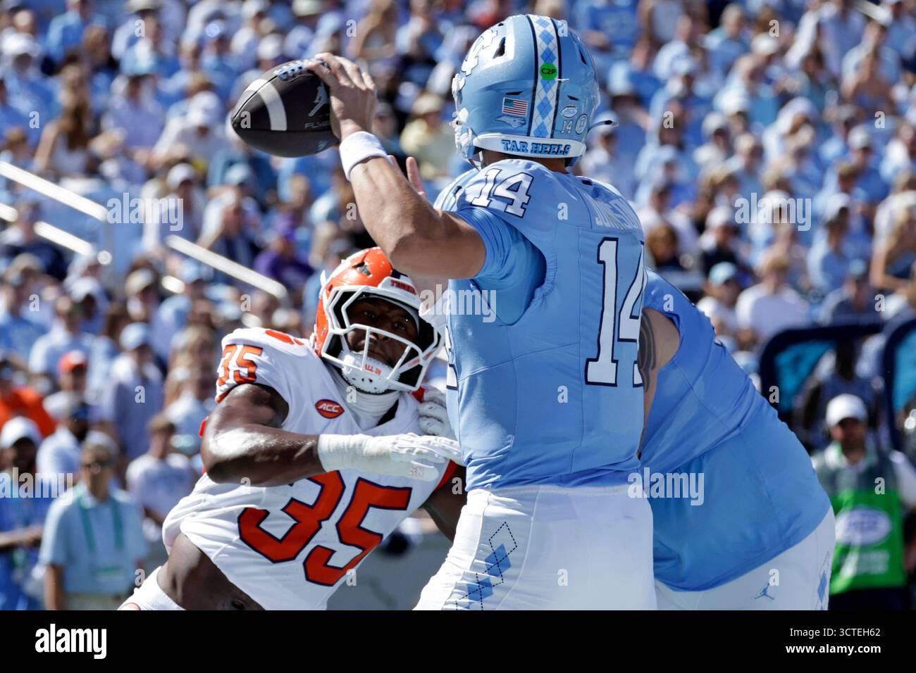 Clemson linebacker Jeremiah Alexander (35) pressures North Carolina ...