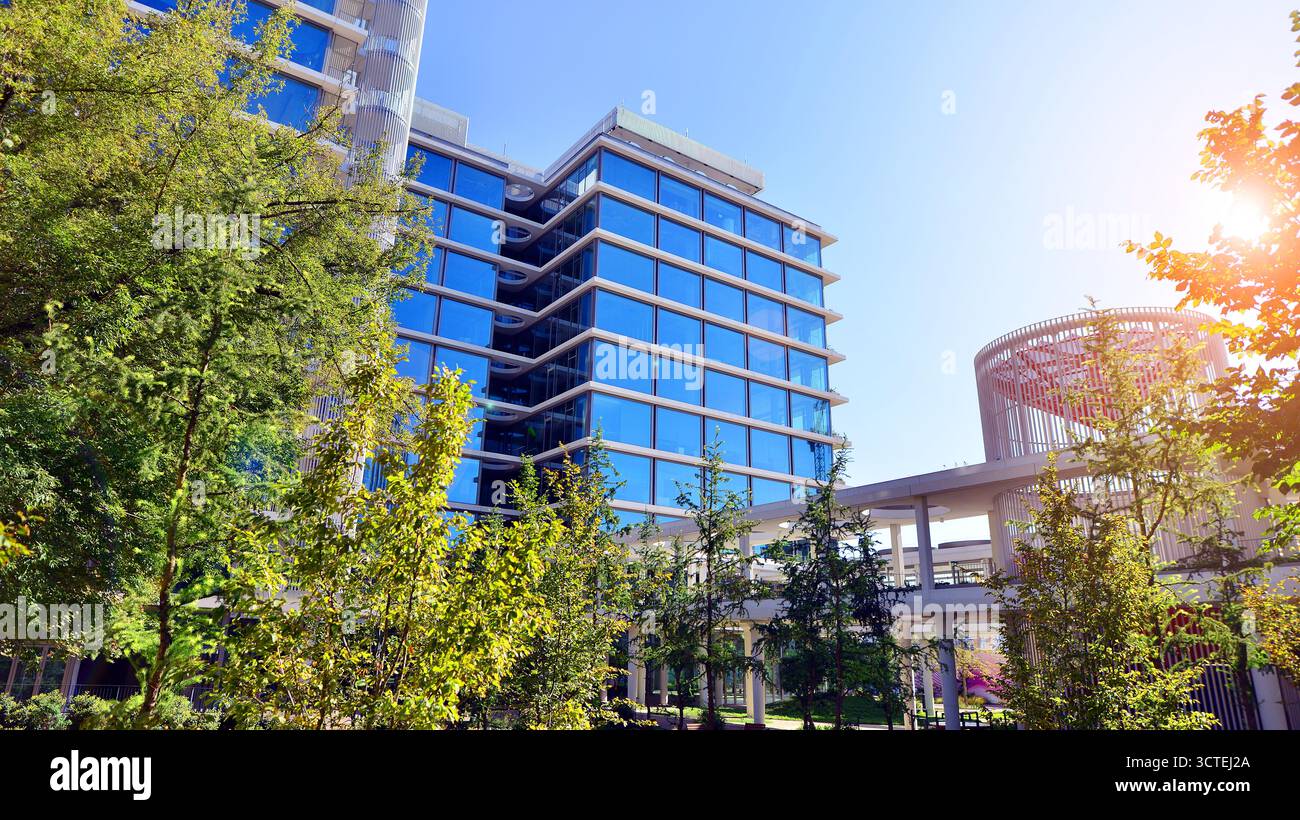 Glass office building surrounded with green trees. Eco-friendly office ...