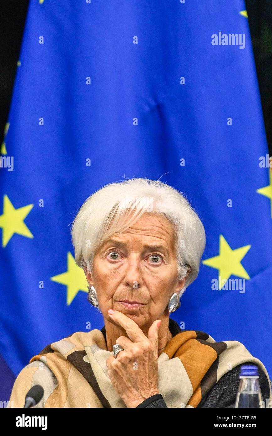 President of the European Central Bank Christine Lagarde reacts before ...