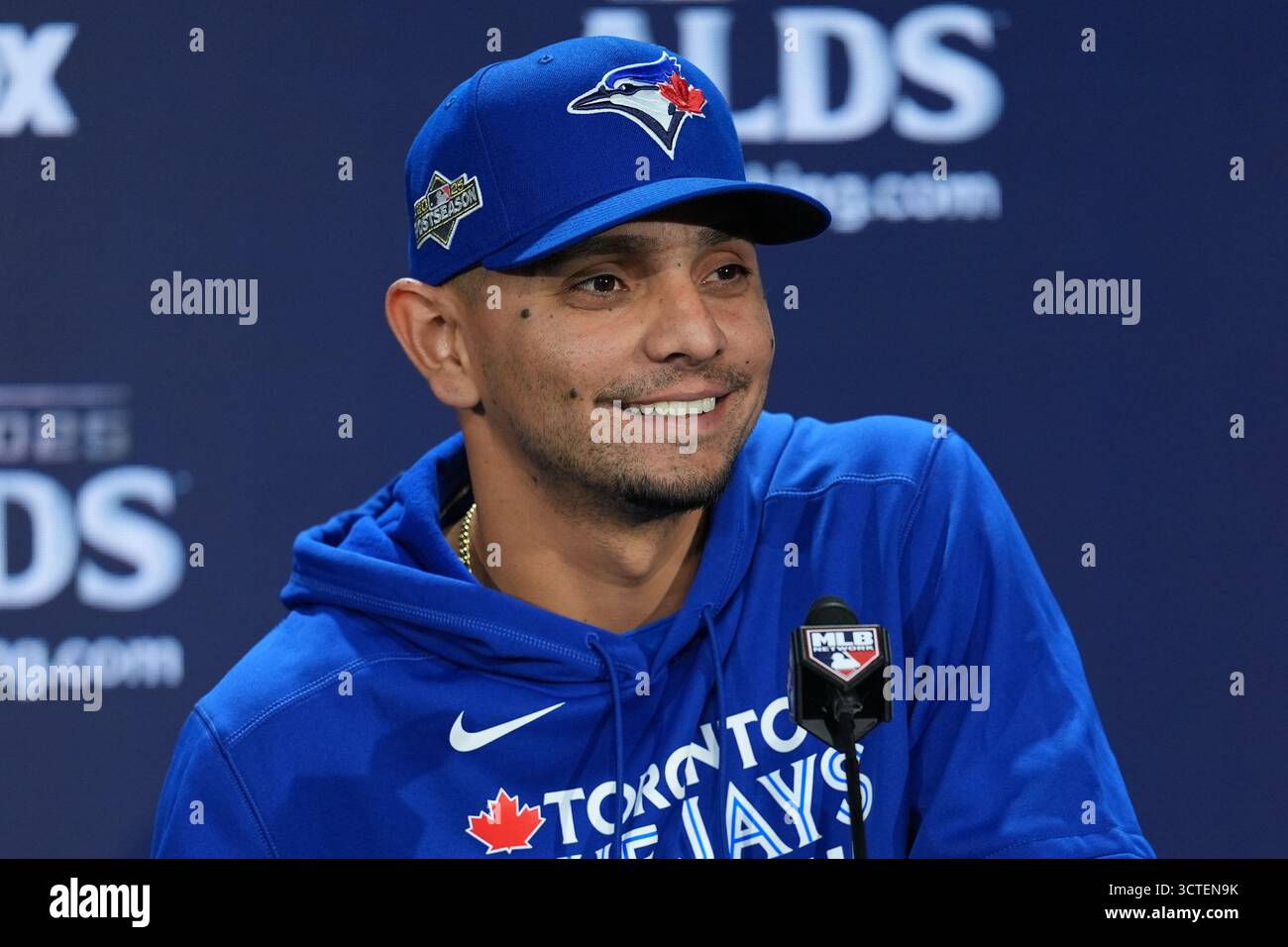 Toronto Blue Jays Andrés Giménez talks to reporters at Yankee Stadium ...