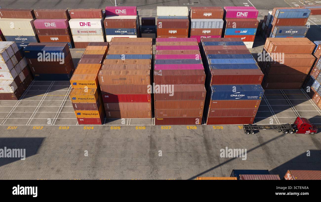 Oakland, United States - 02 September 2025: Aerial view of stacks of ...