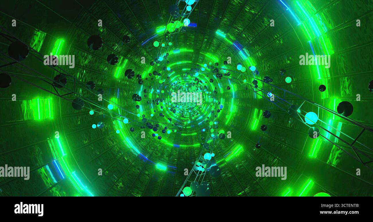 Bright green and blue lights swirl in a dynamic spiral tunnel. Circular ...