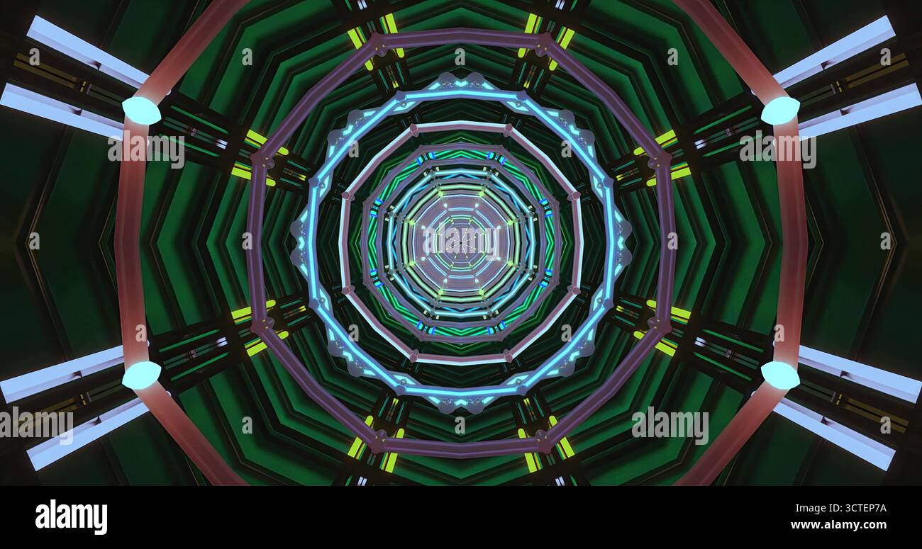 Colorful and intricate geometric shapes form a tunnel with a vibrant ...