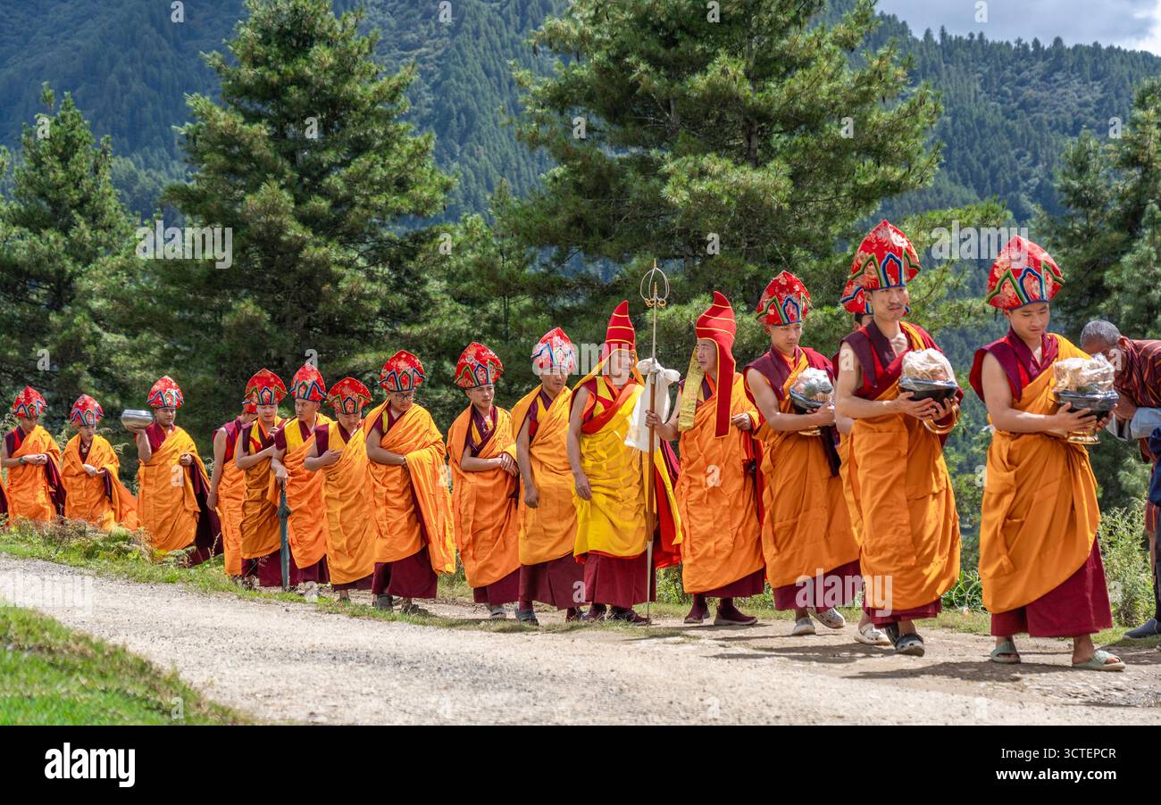 Phobjikha, Bhutan - 21 September 2025: View of a procession of monks in ...