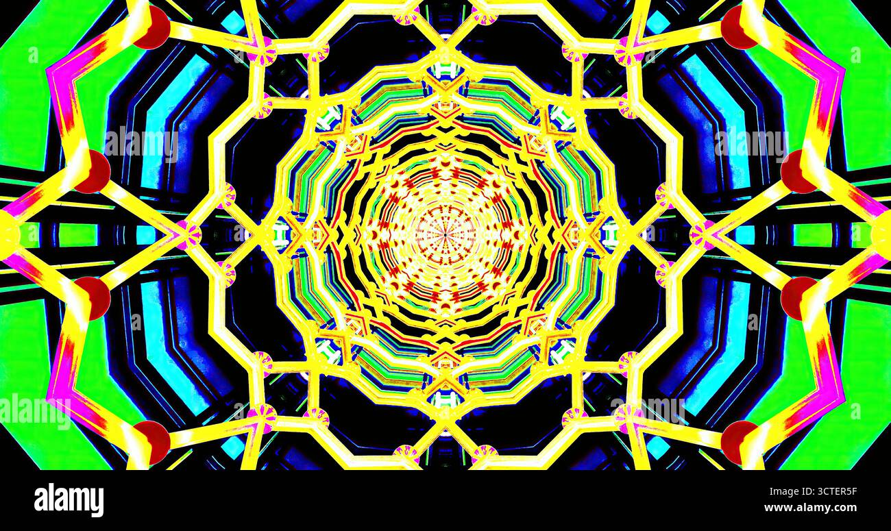 Complex geometric shapes and bright colors form a stunning kaleidoscope ...