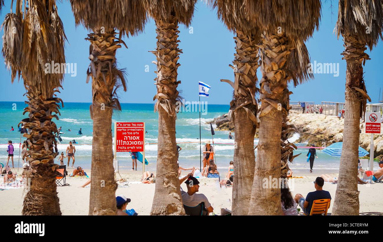 Tel Aviv, Israel, Asien, Nahost, Strand, Badekultur, israelische Flagge ...