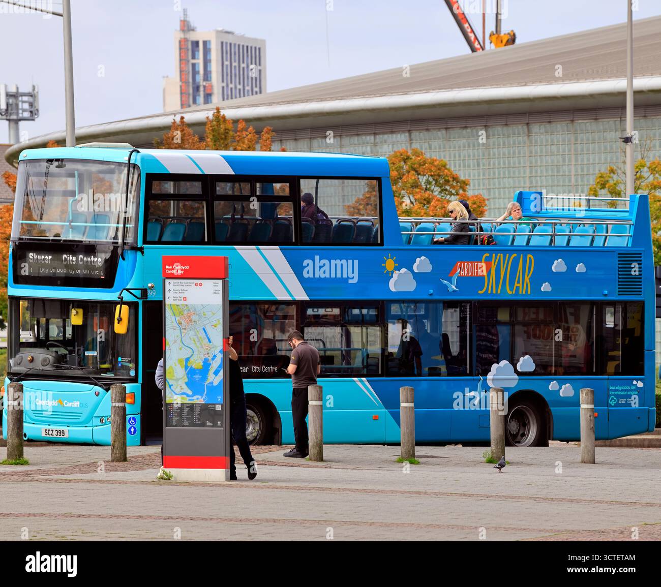 SkyCar open top sightseeing tour bus at the bus stop, Cardiff Bay ...