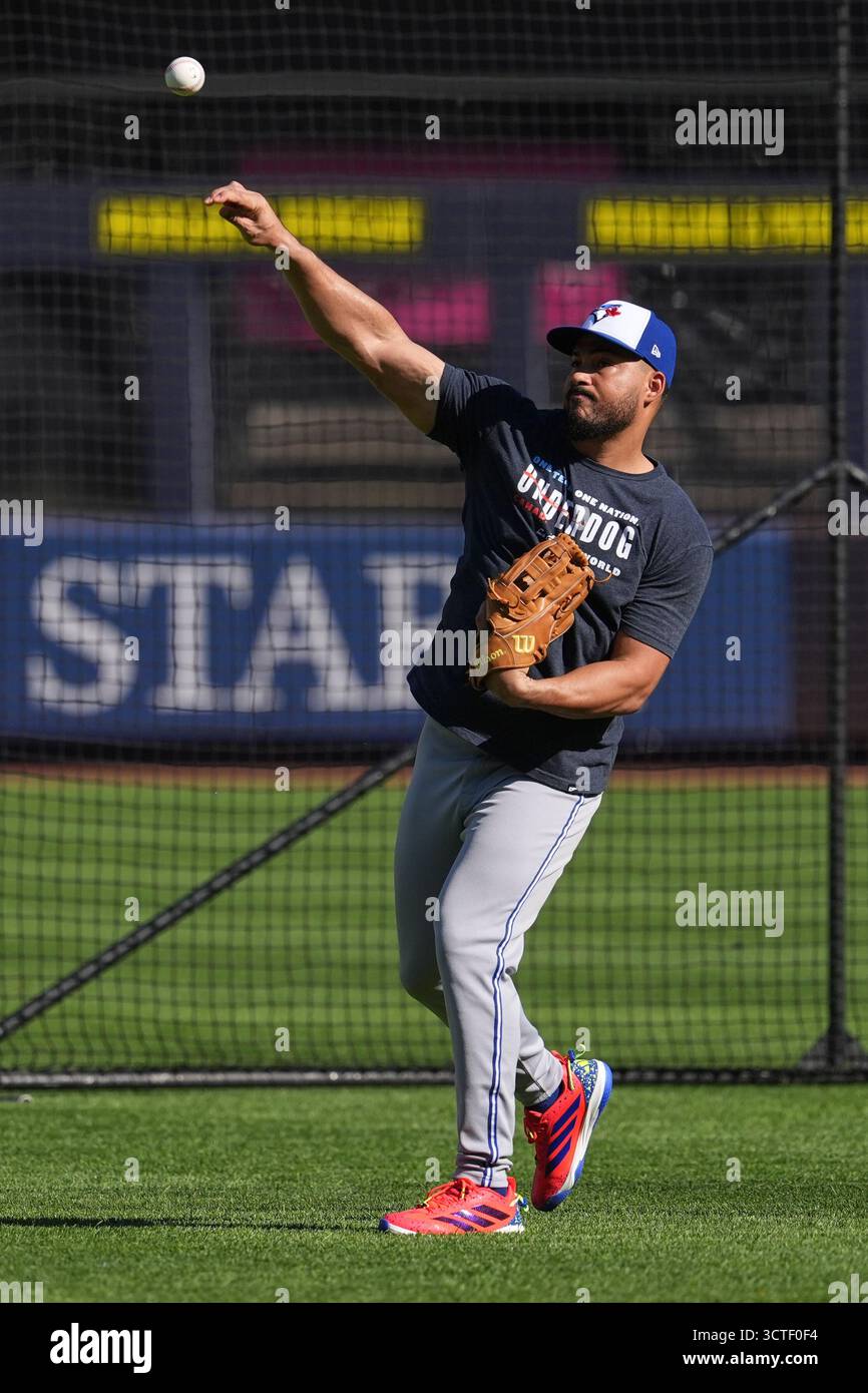 Toronto Blue Jays' Anthony Santander works on the field during a ...