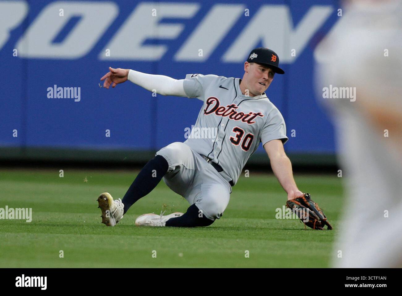 Detroit Tigers right fielder Kerry Carpenter catches a ball hit by Seattle Mariners' Mitch ...