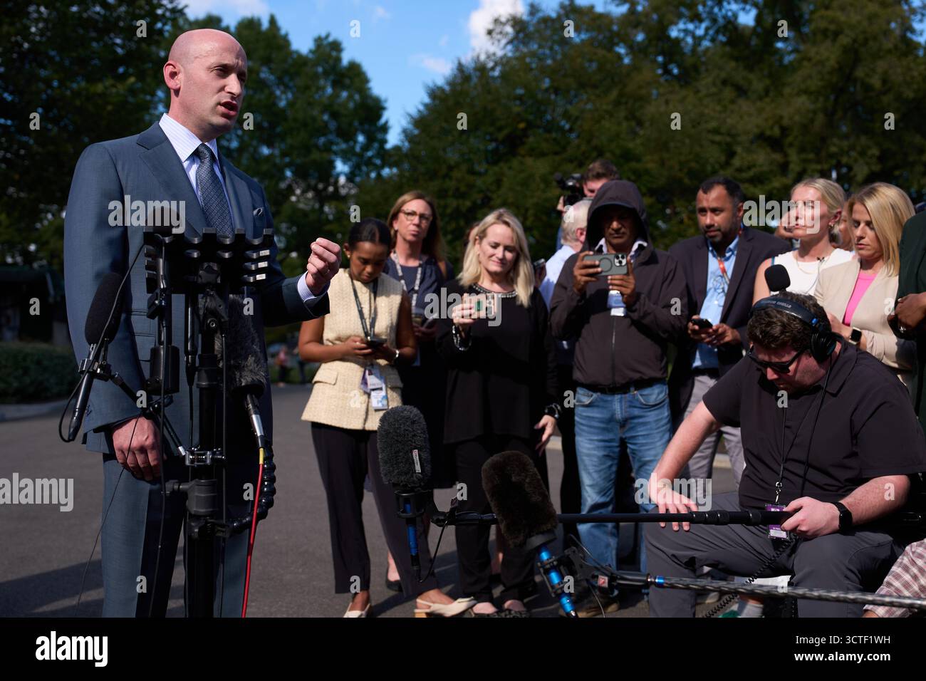White House deputy chief of staff Stephen Miller speaks with reporters ...
