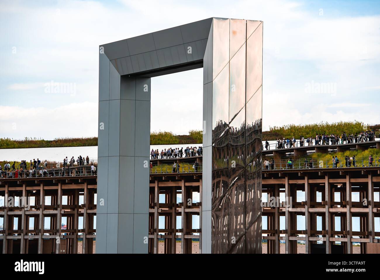 Reflective Metallic Arch and Wooden Lattice at World Expo 2025 Stock ...