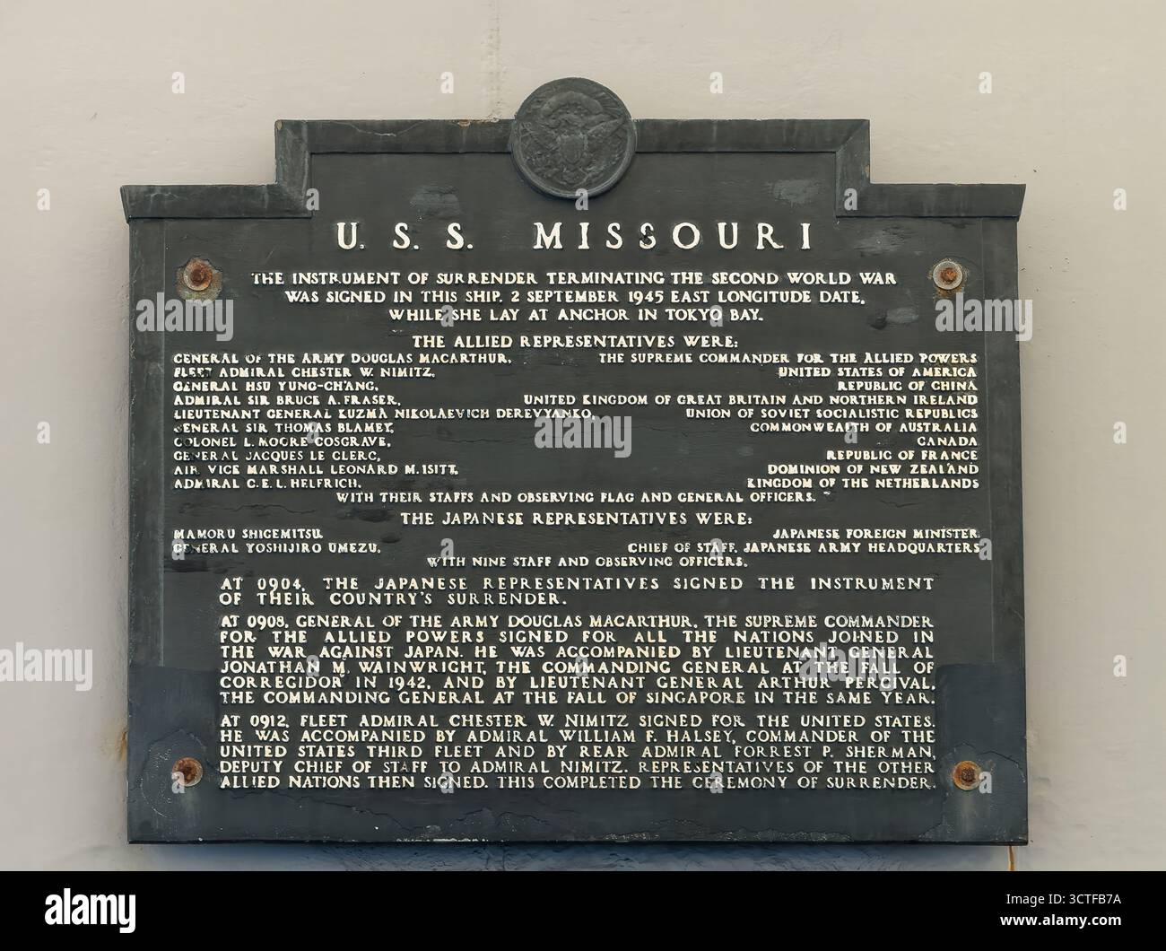 Oahu, Hawaii, USA. - July 11, 2025: Pearl Harbor. Plaque on deck of USS ...