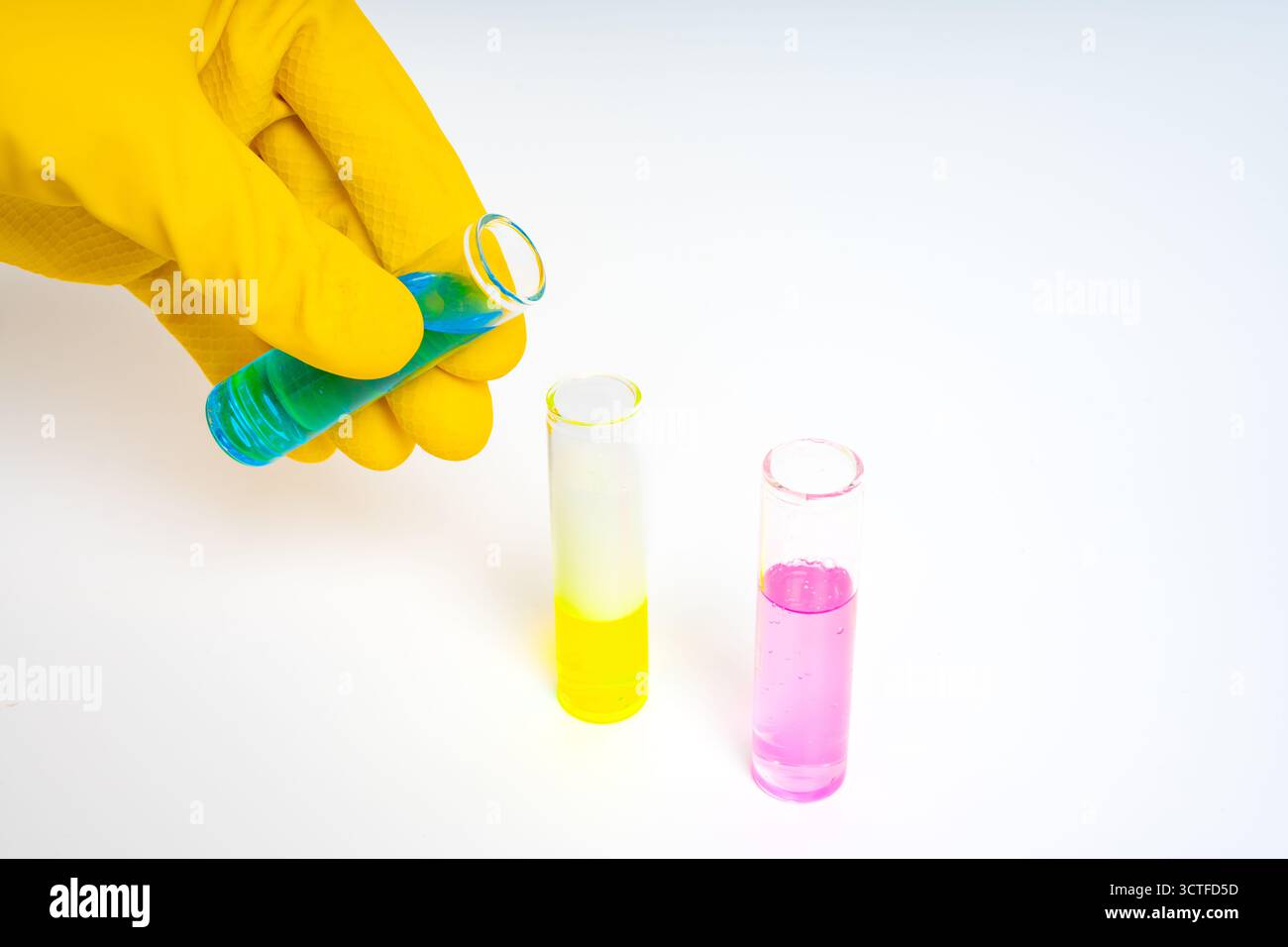 Yellow gloved hands holding glass test tubes with blue, pink, and ...
