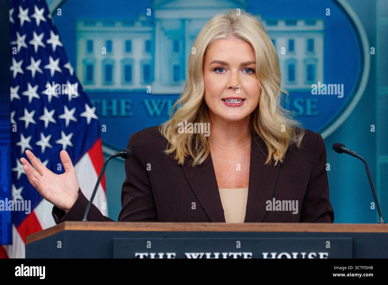 White House Press Secretary Karoline Leavitt Gives Remarks During A