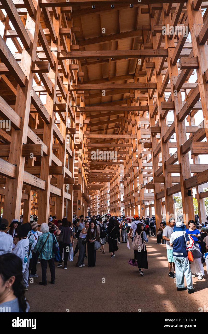 Large Wooden Lattice Structure with Crowds in Osaka, Japan Stock Photo ...
