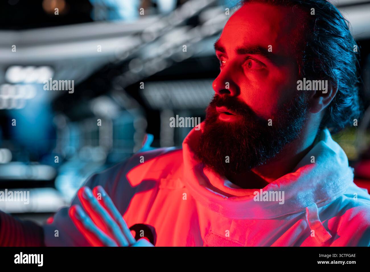 Close up of scared starship crew member responding to alien hostile ...