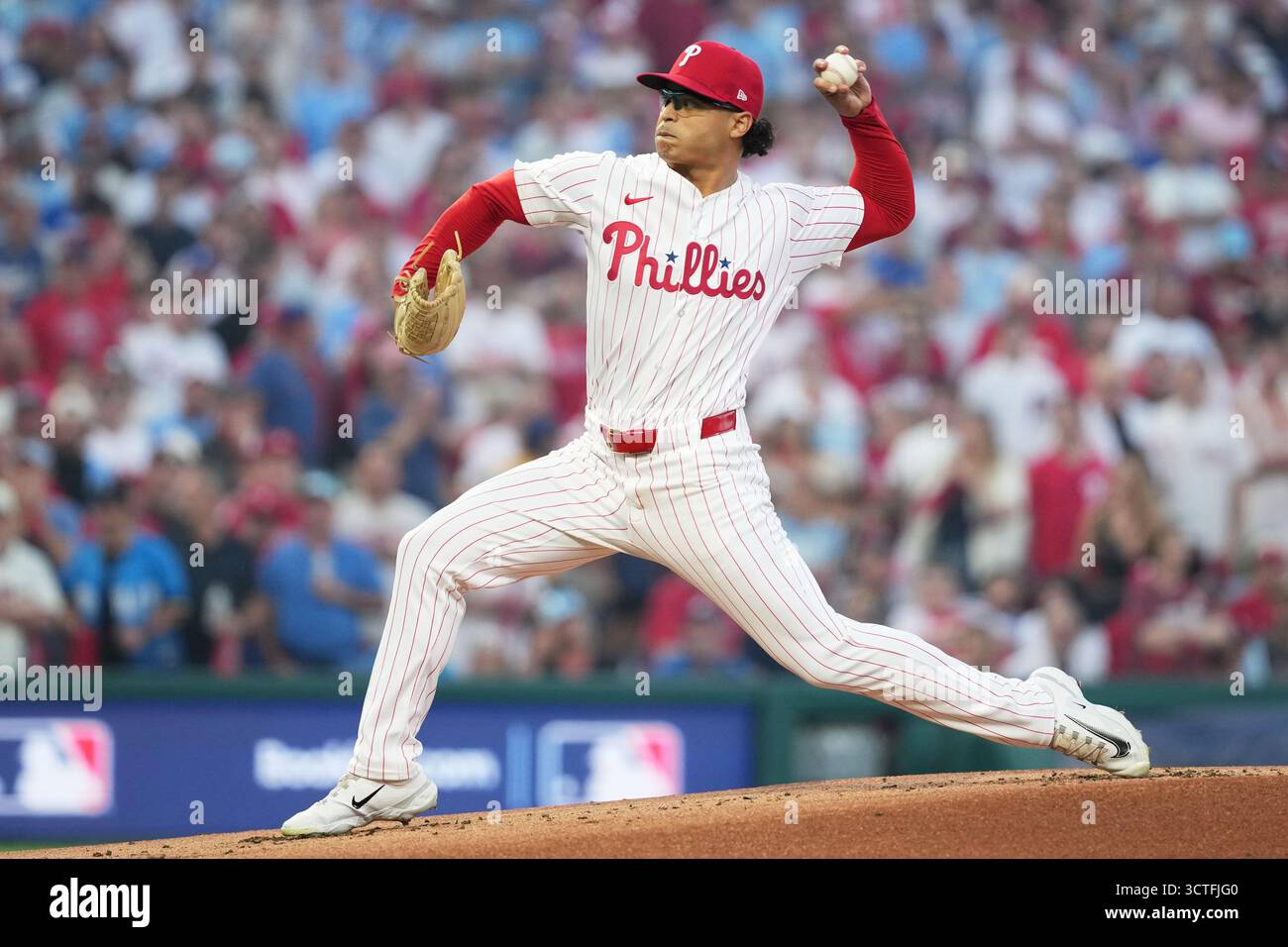 Philadelphia Phillies starting pitcher Jesús Luzardo throws during the first inning in Game 2 of ...