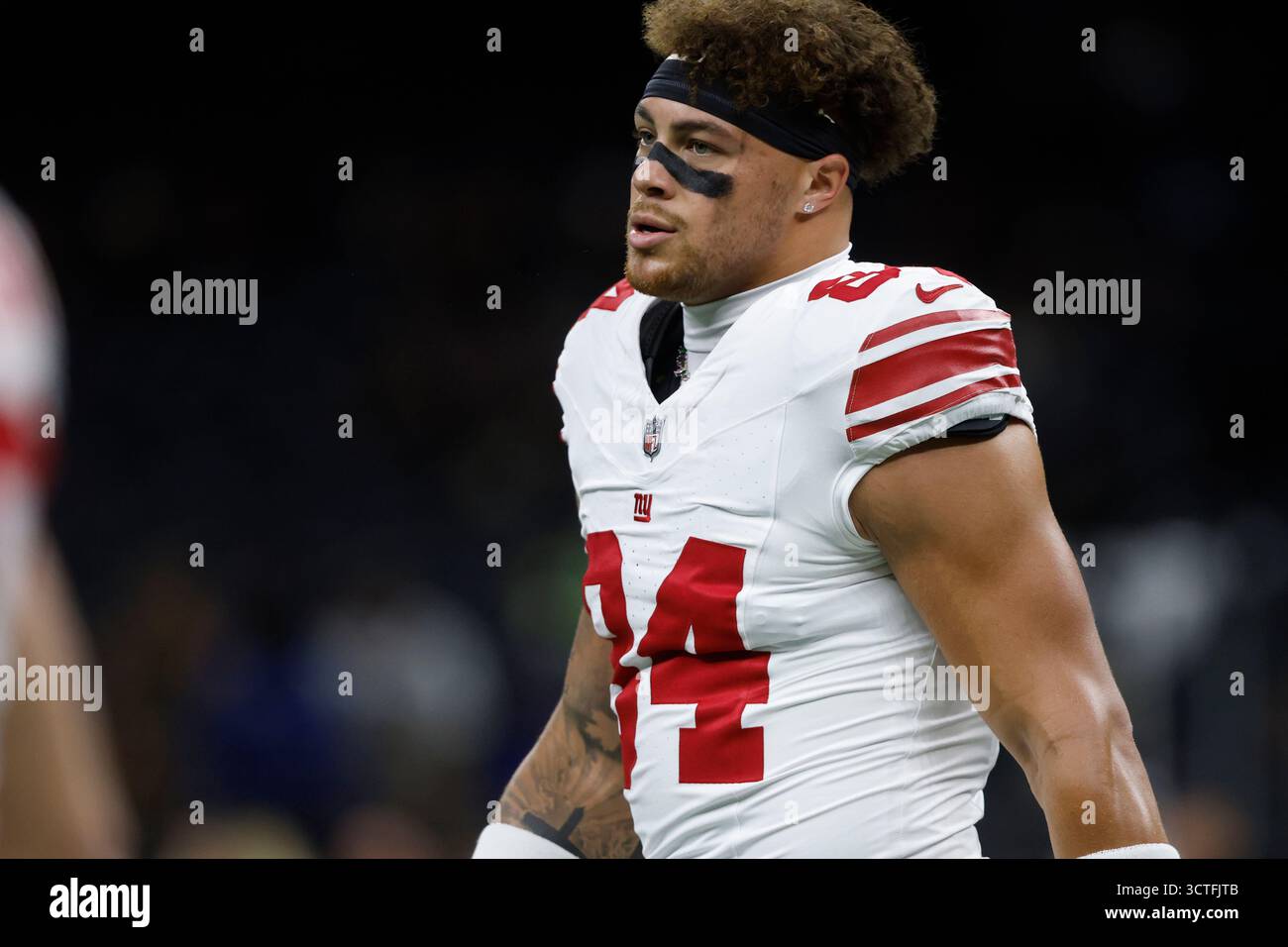 New York Giants tight end Theo Johnson before an NFL football game, Sunday, Oct. 5, 2025, in New ...