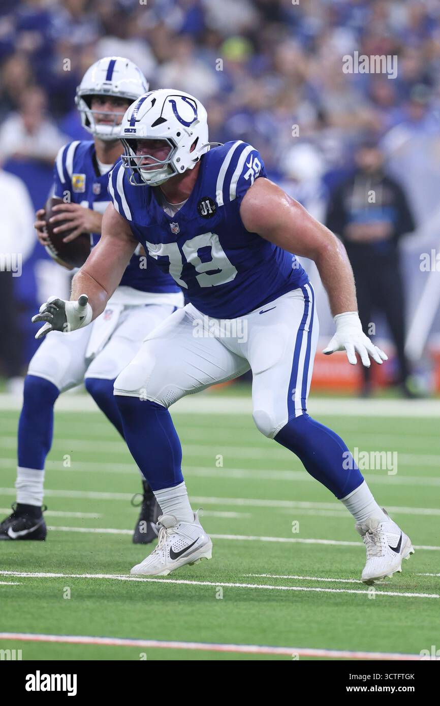 Indianapolis Colts offensive tackle Bernhard Raimann (79) sets to block ...
