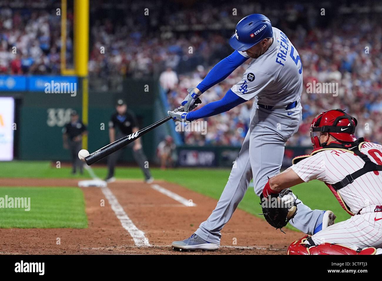 Los Angeles Dodgers' Freddie Freeman hits a double during the seventh ...