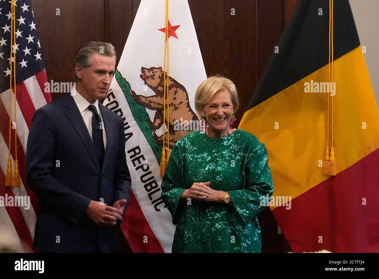 California Gov. Gavin Newsom, left, talks with Princess Astrid, of ...
