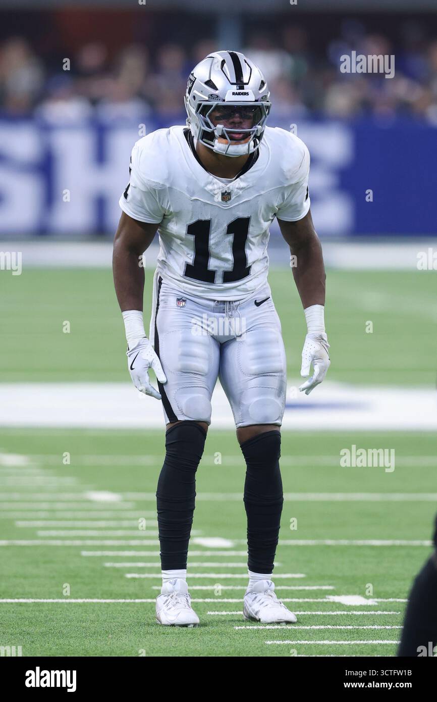 Las Vegas Raiders safety Jeremy Chinn (11) lines up against the ...
