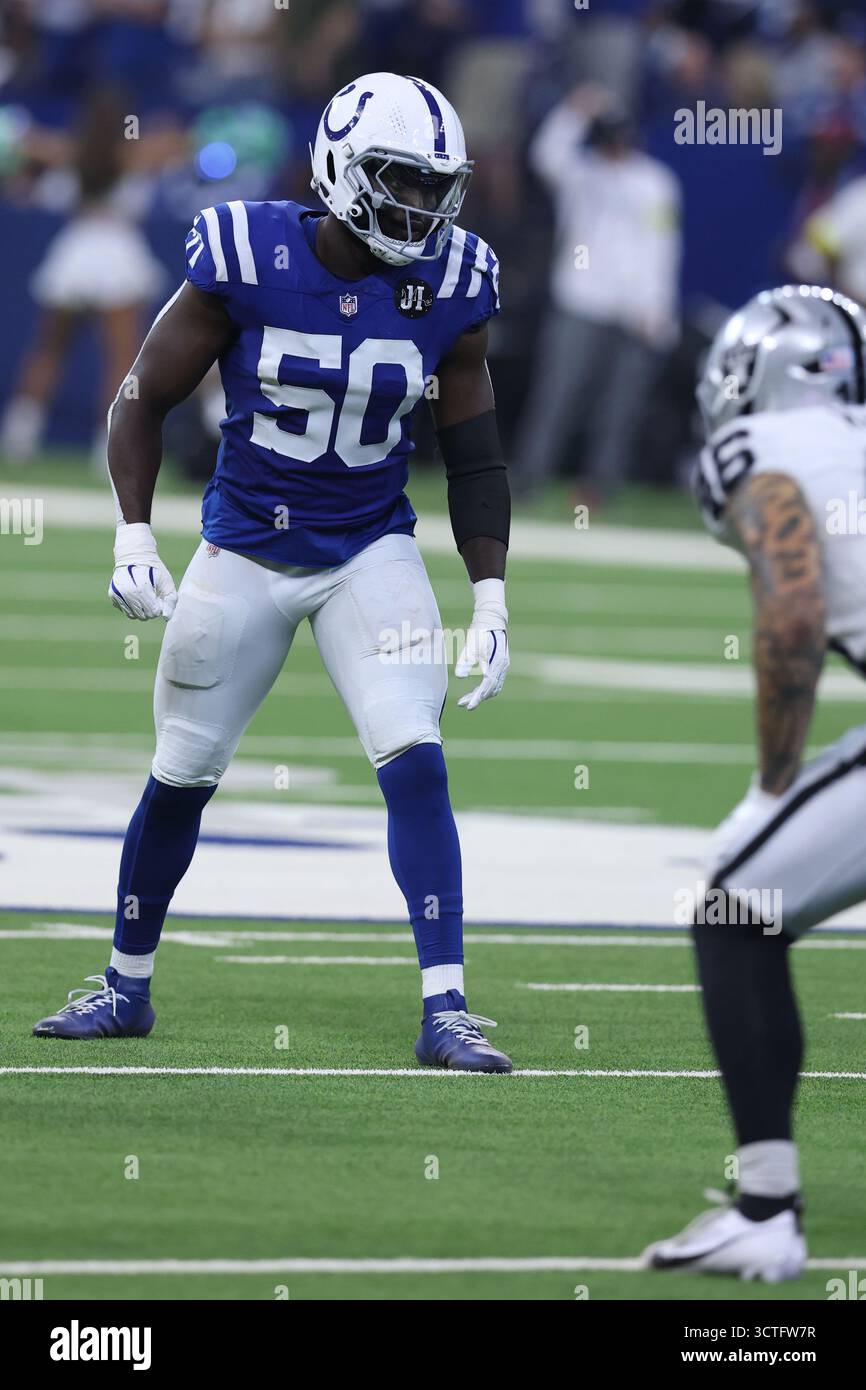 Indianapolis Colts linebacker Segun Olubi (50) lines up against the Las ...