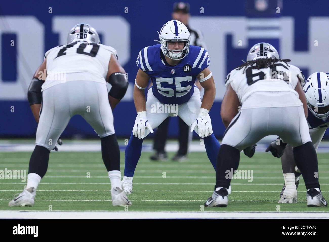 Indianapolis Colts linebacker Chad Muma (55) lines up against the Las ...