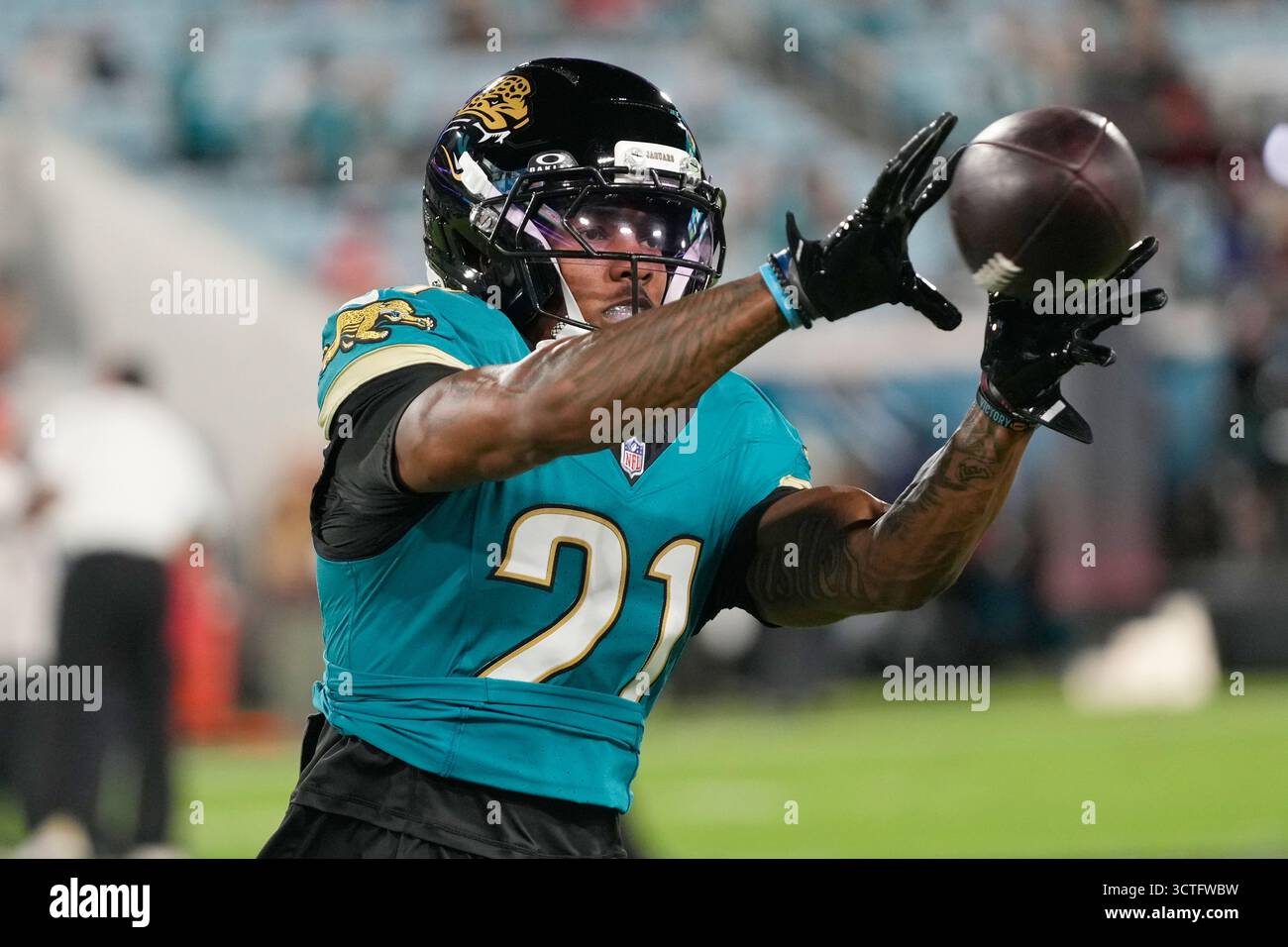 Jacksonville Jaguars cornerback Christian Braswell warms up before an ...