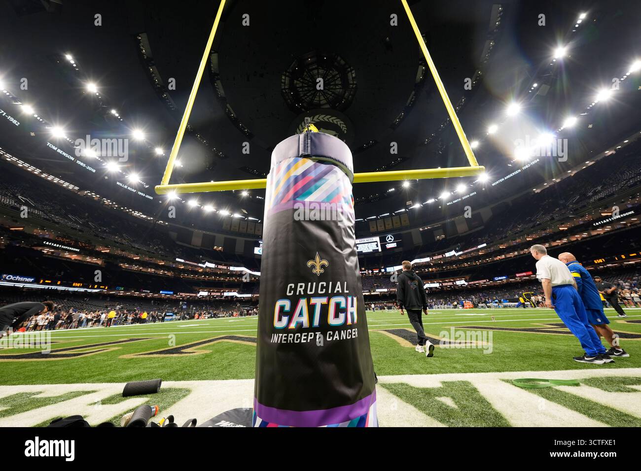 A Crucial Catch goalpost pylon is seen before an NFL football game ...
