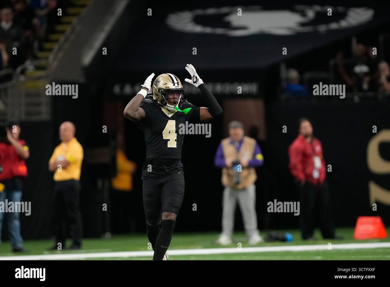 New Orleans Saints cornerback Kool-Aid McKinstry (4) reacts in the ...