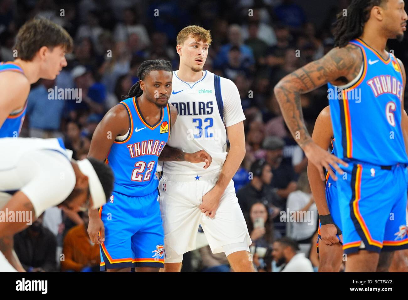 Dallas Mavericks forward Cooper Flagg (32) is blocked by Oklahoma City ...
