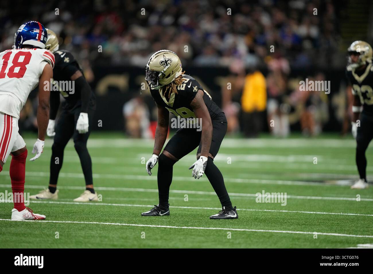 New Orleans Saints cornerback Quincy Riley (29) lines up for a play in the second half of an NFL ...