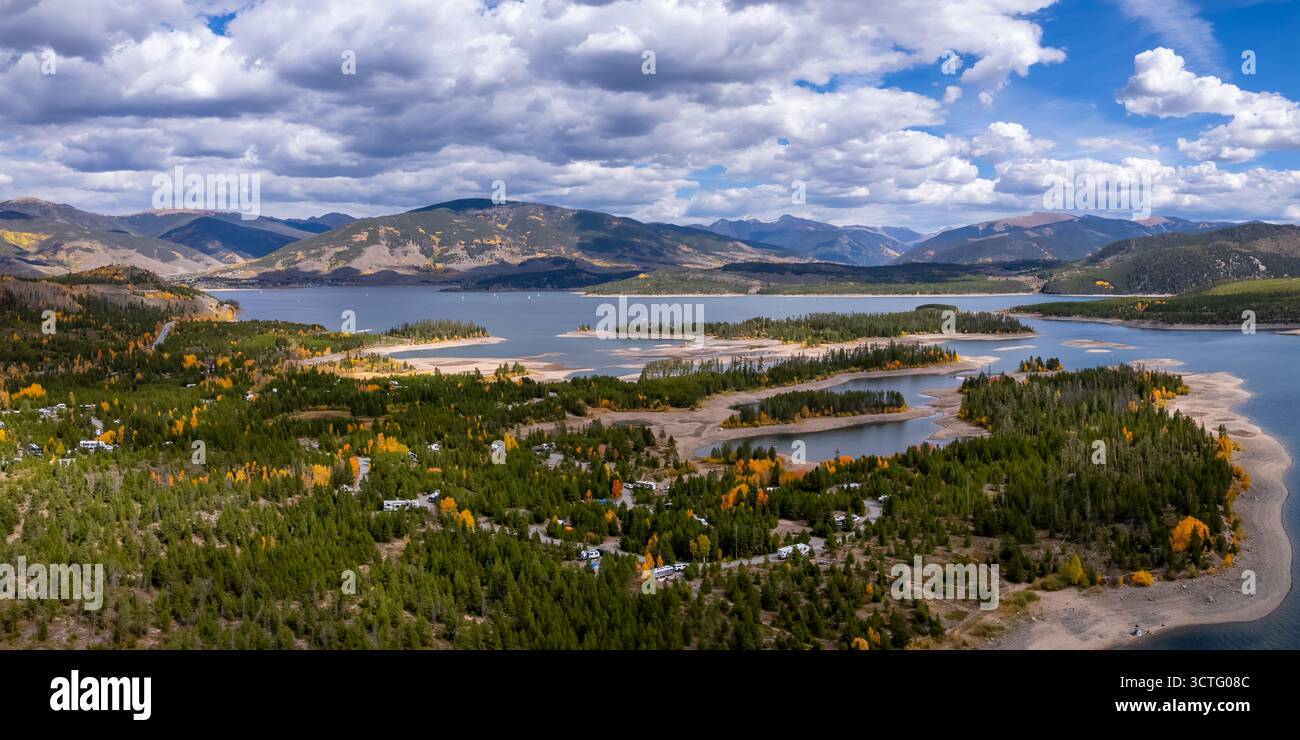 Aerial view of Dillion reservoir and recreation area with many islands ...