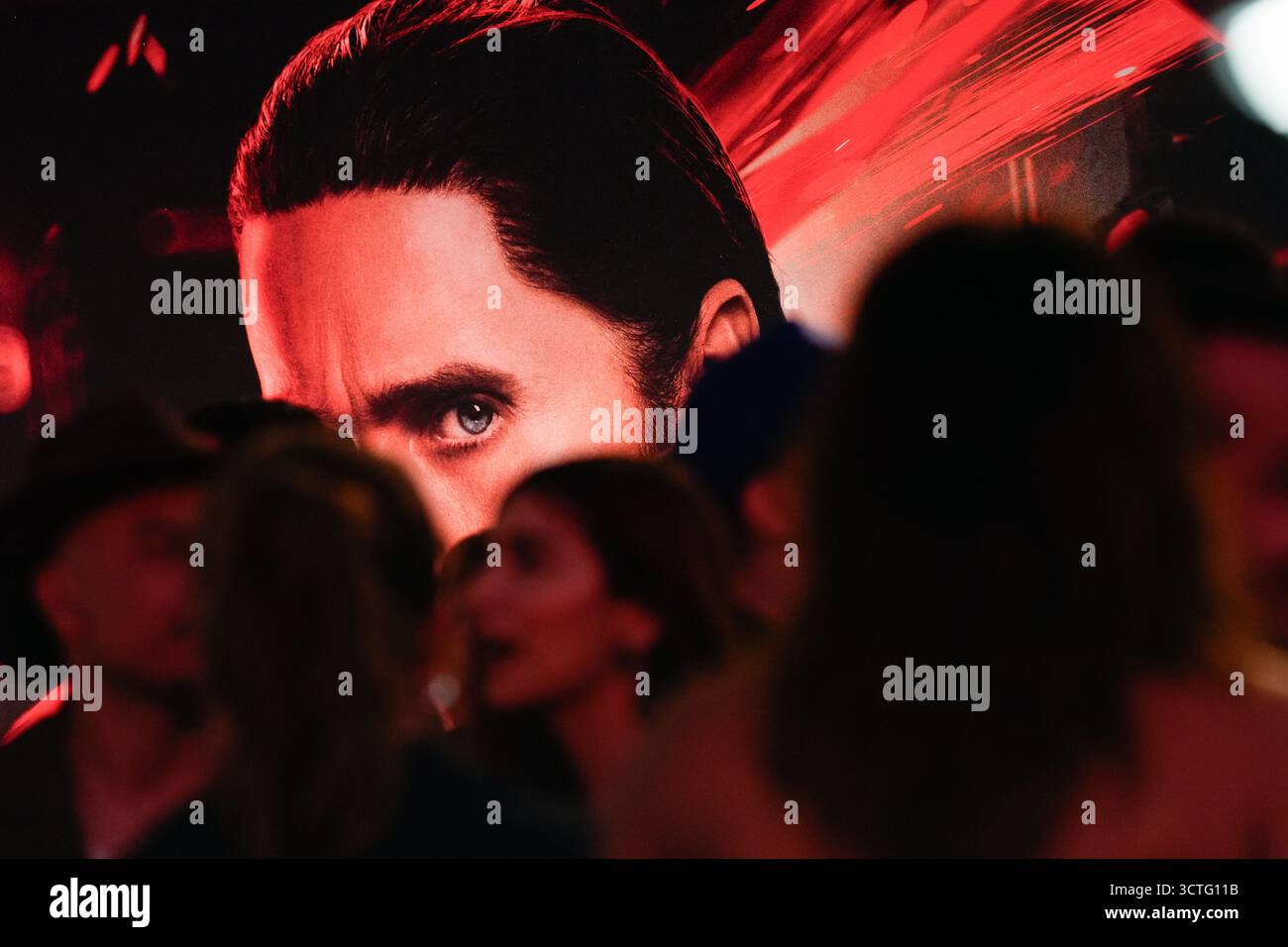 A view of a backdrop featuring Jared Leto at the premiere of "Tron ...