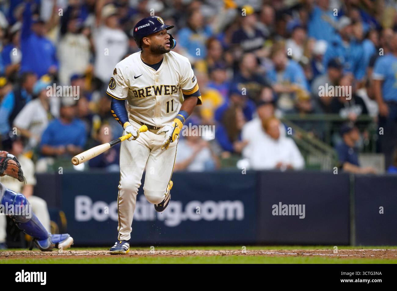 Milwaukee Brewers' Jackson Chourio (11) watches his 3-run home run ...