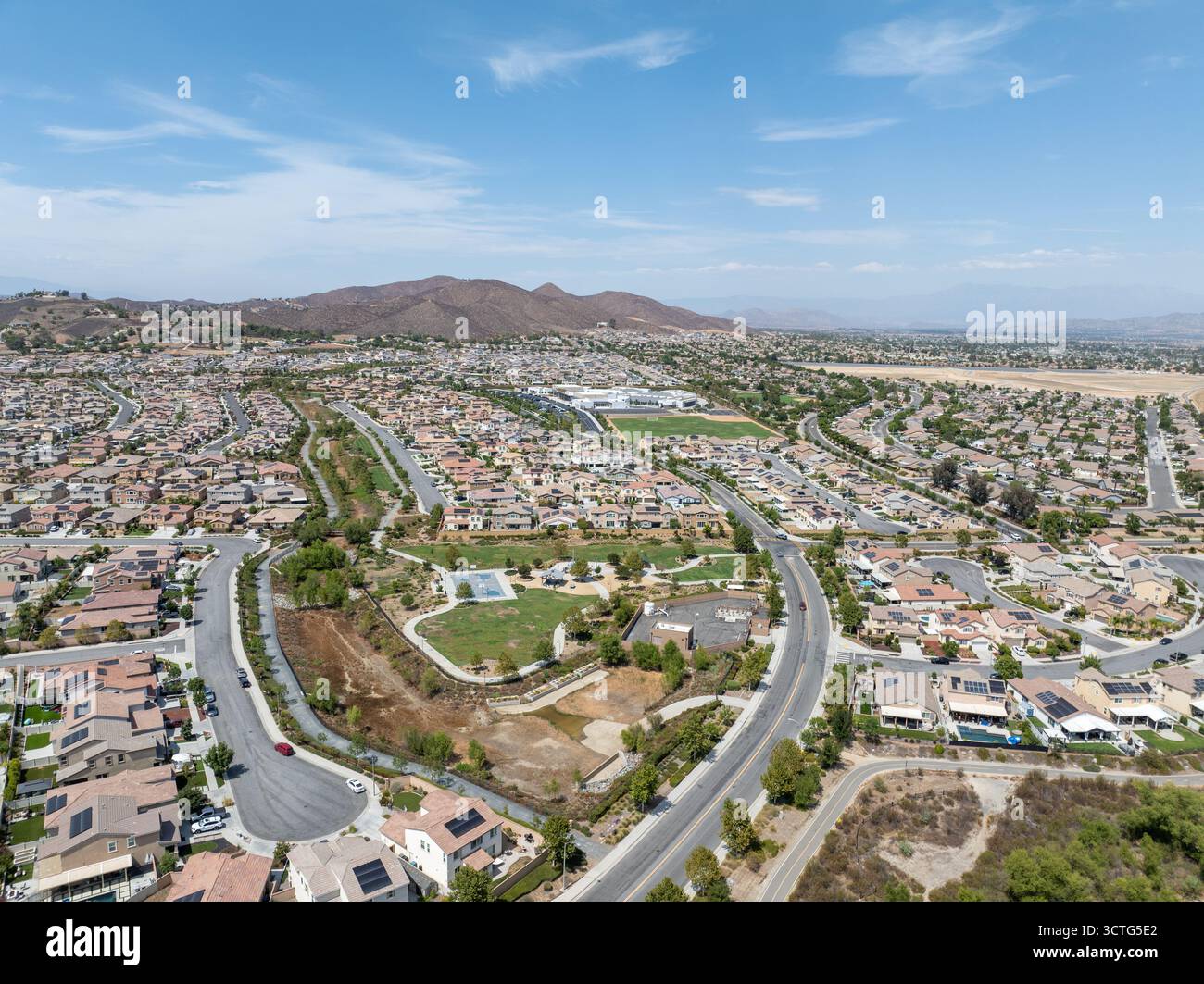 Aerial view of a sprawling neighborhood of family homes in Menifee city ...