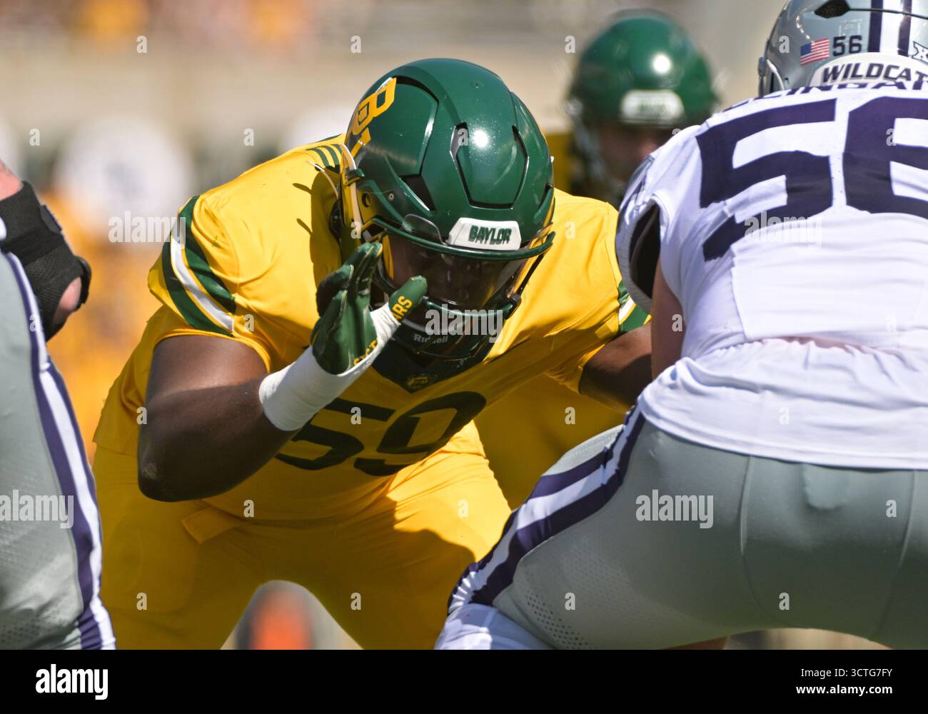 Waco, Texas, USA. 04th Oct, 2025. Baylor Bears defensive lineman Devonte Tezino (59) lines up ...